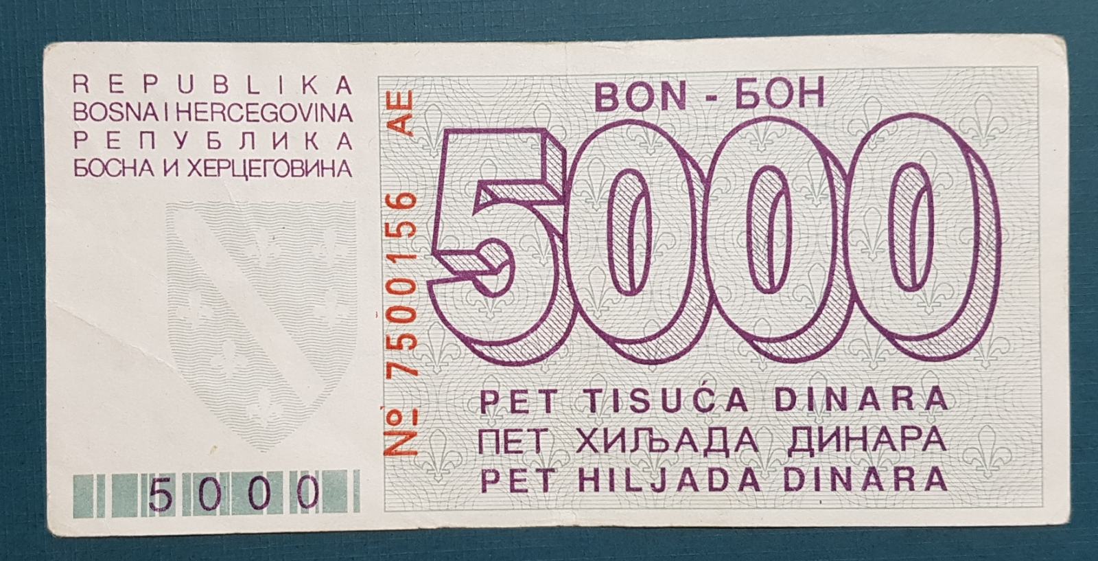 BON, BIH, BOSNA, 5000 DINARA, 1992.