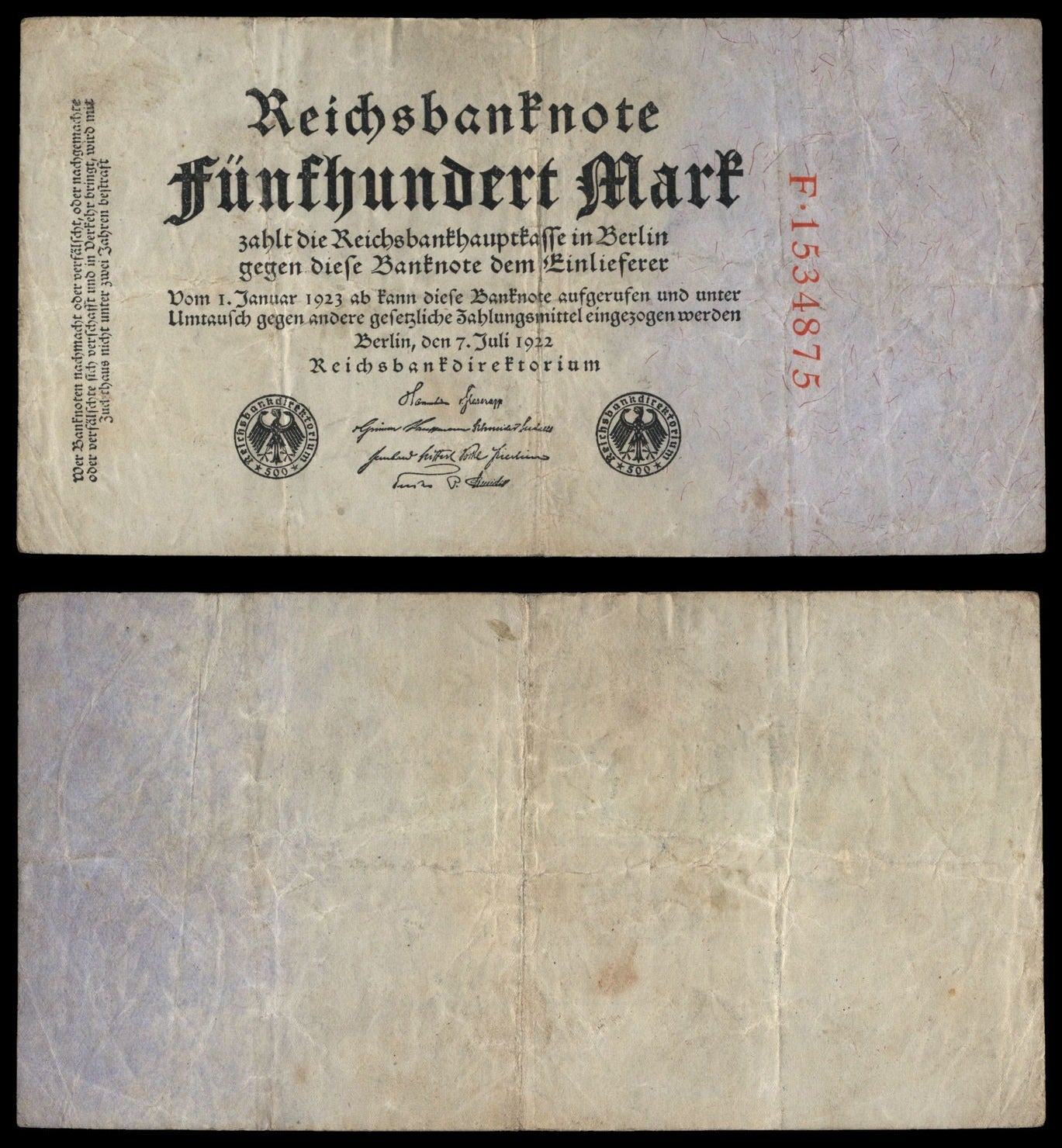 GERMANY 500 mark 1922 VF (Ref.br. N-001.561)