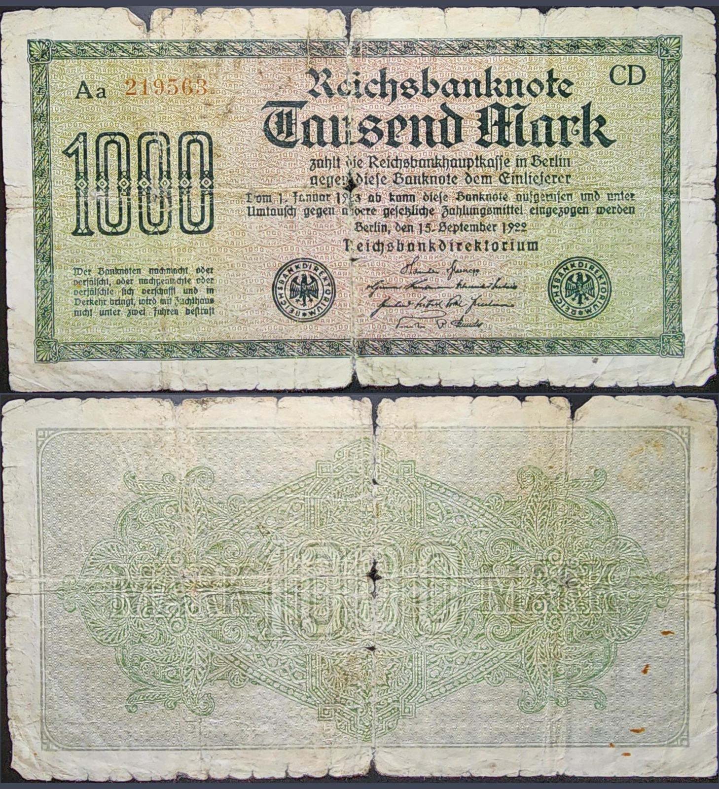 GERMANY / NJEMAČKA (1922) 1000 Mark - Vodoznak: Labirint