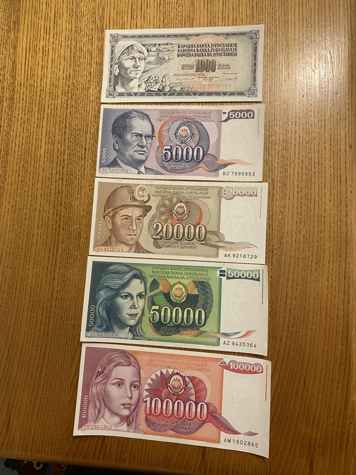 Jugoslavija 1000,5 000,20 000,50 000,100 000 dinara UNC kvalitete
