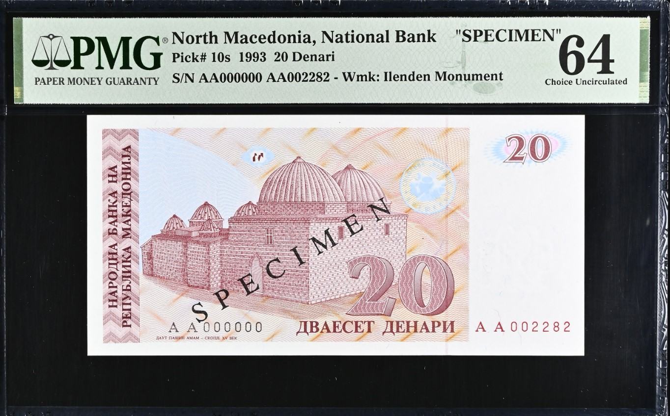 MAKEDONIJA 20 DENARI 1993 PMG 64 UNC SPECIMEN