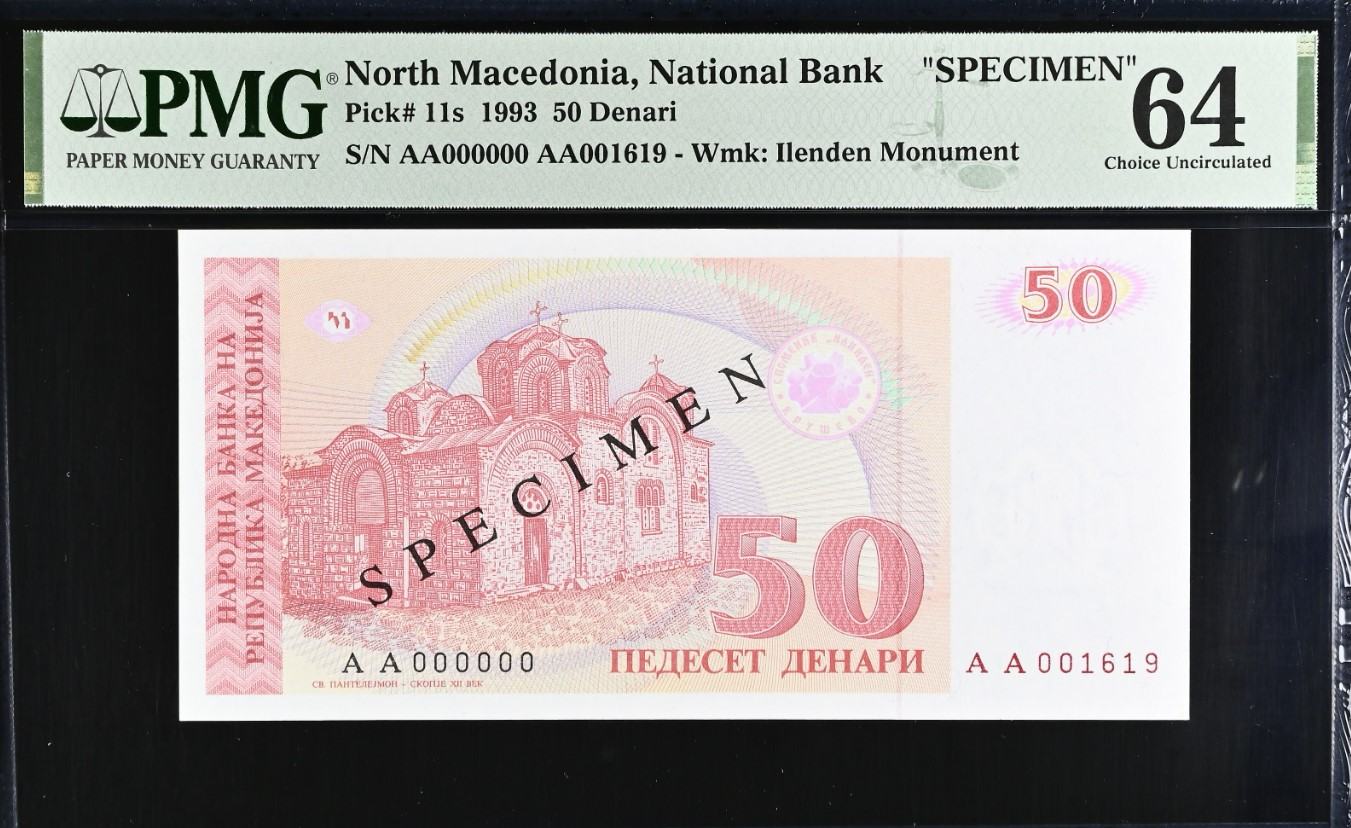 MAKEDONIJA 50 DENARI 1993 PMG 64 UNC SPECIMEN