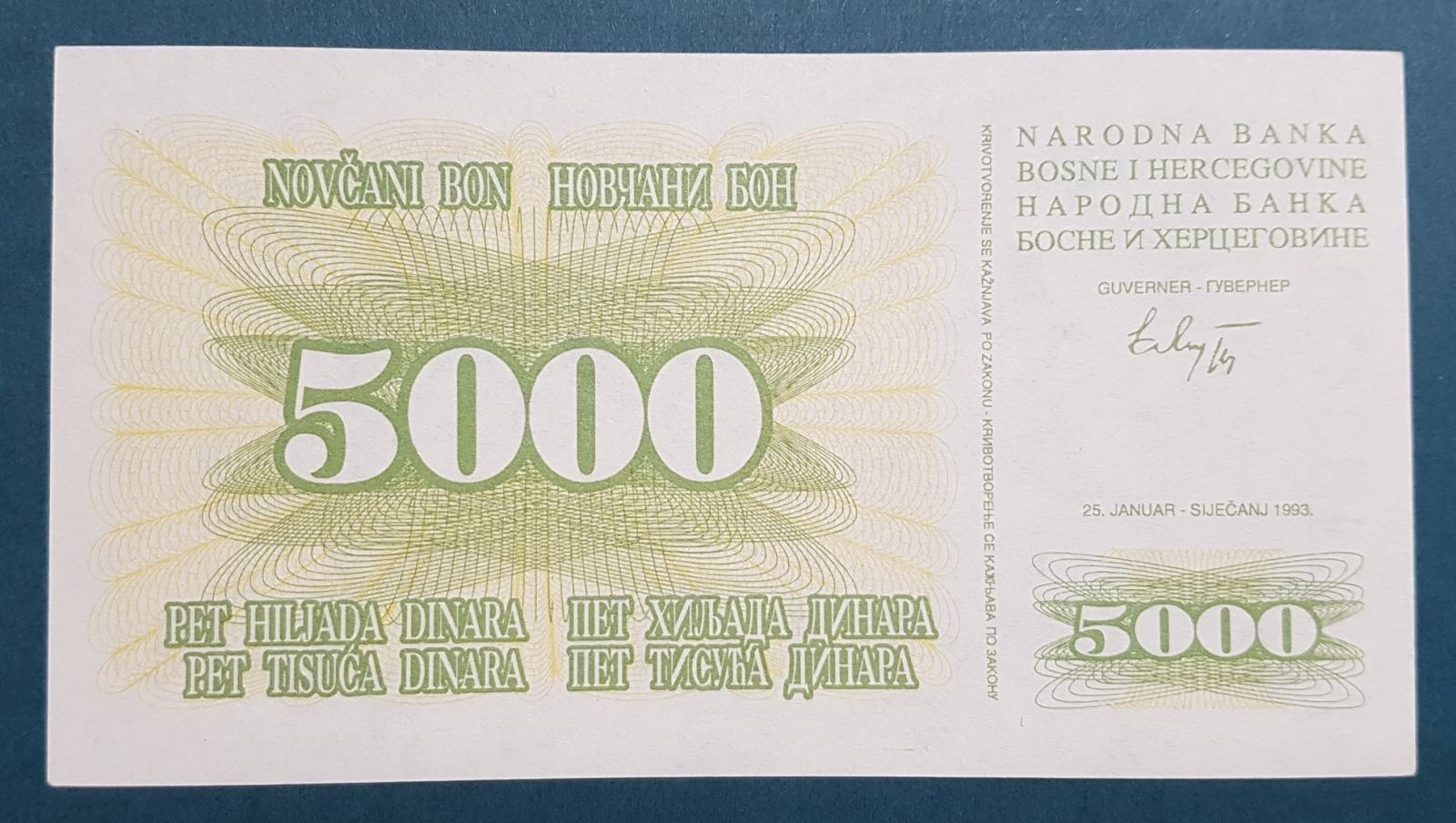 NOVČANI BON 5000 DINARA BIH BOSNA I HERCEGOVINA 1993. NOVA