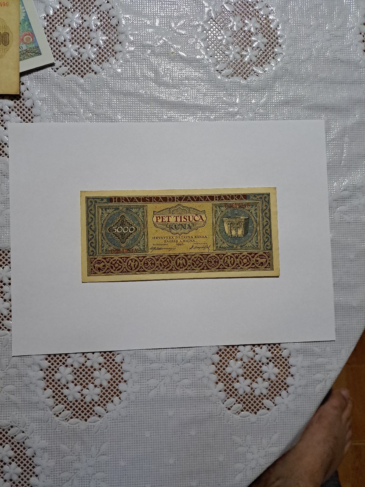 Novčanica od 5.000 kuna iz vremena NDH, cijena 9 eura