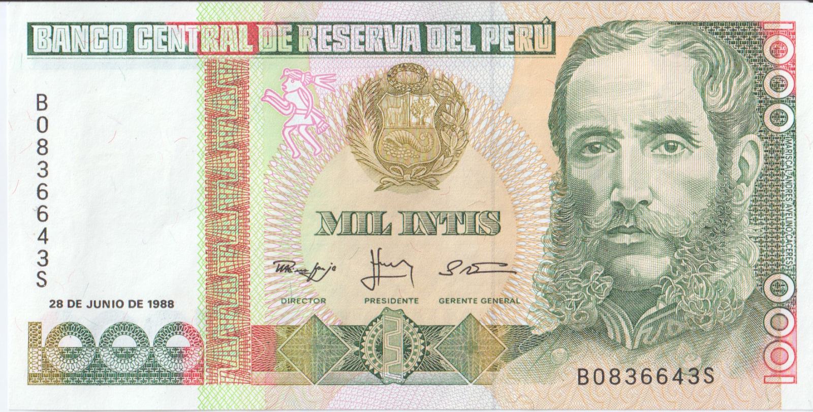 Peru 1000 Intis Banknote, 1988 UNC