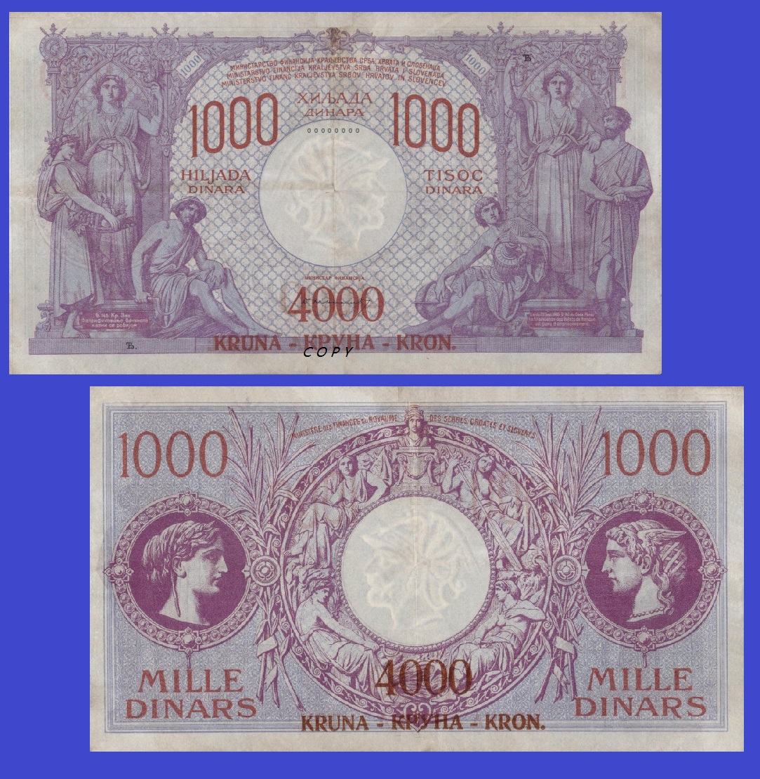 SHS - JUGOSLAVIJA - 1000 DINARA / 4000 KRUNA 1919