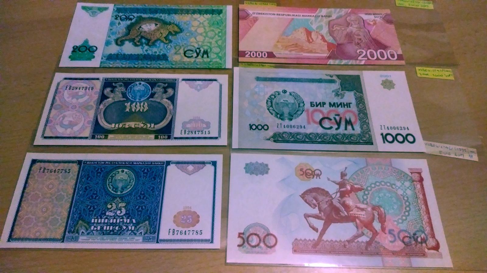 Uzbekistan komplet UNC novčanica 25, 100, 200, 500, 1000 i 2000 som