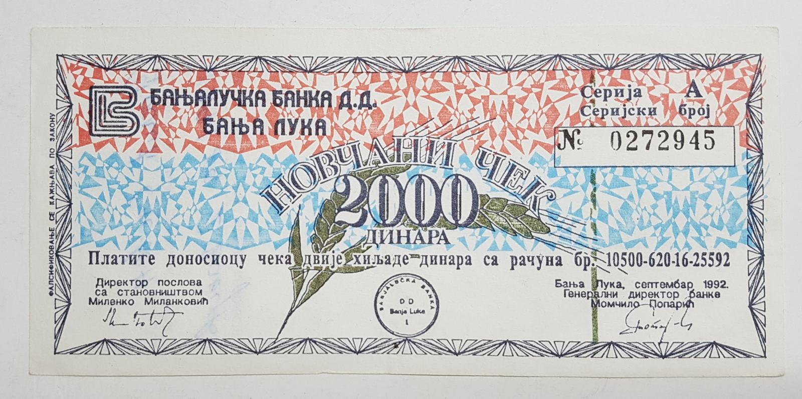 BANJA LUKA BANKA NOVČANI ČEK, 2000 DINARA, 1992.