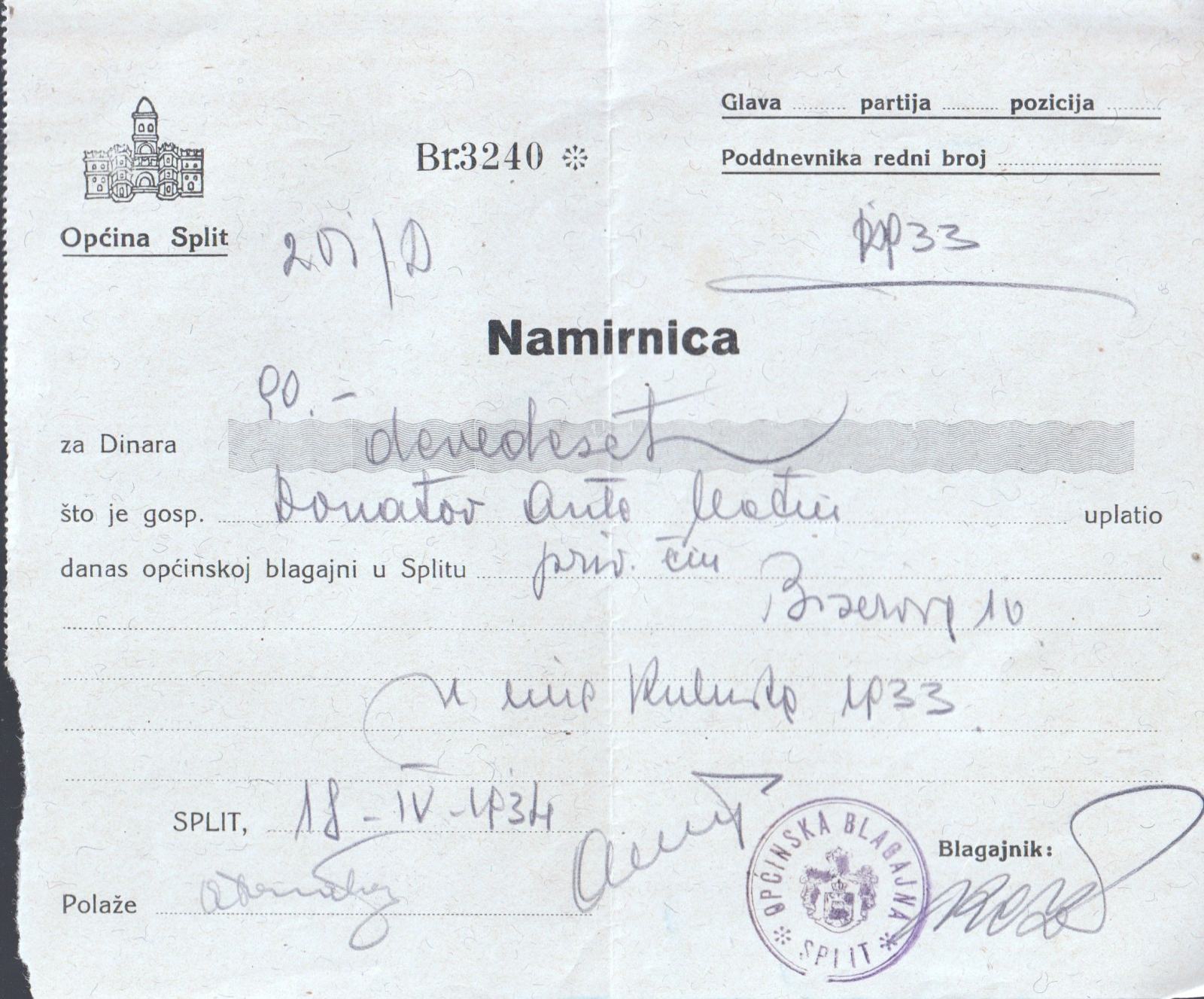 SPLIT OPČINA 1930 - NAMIRNICA - Donatov Ante