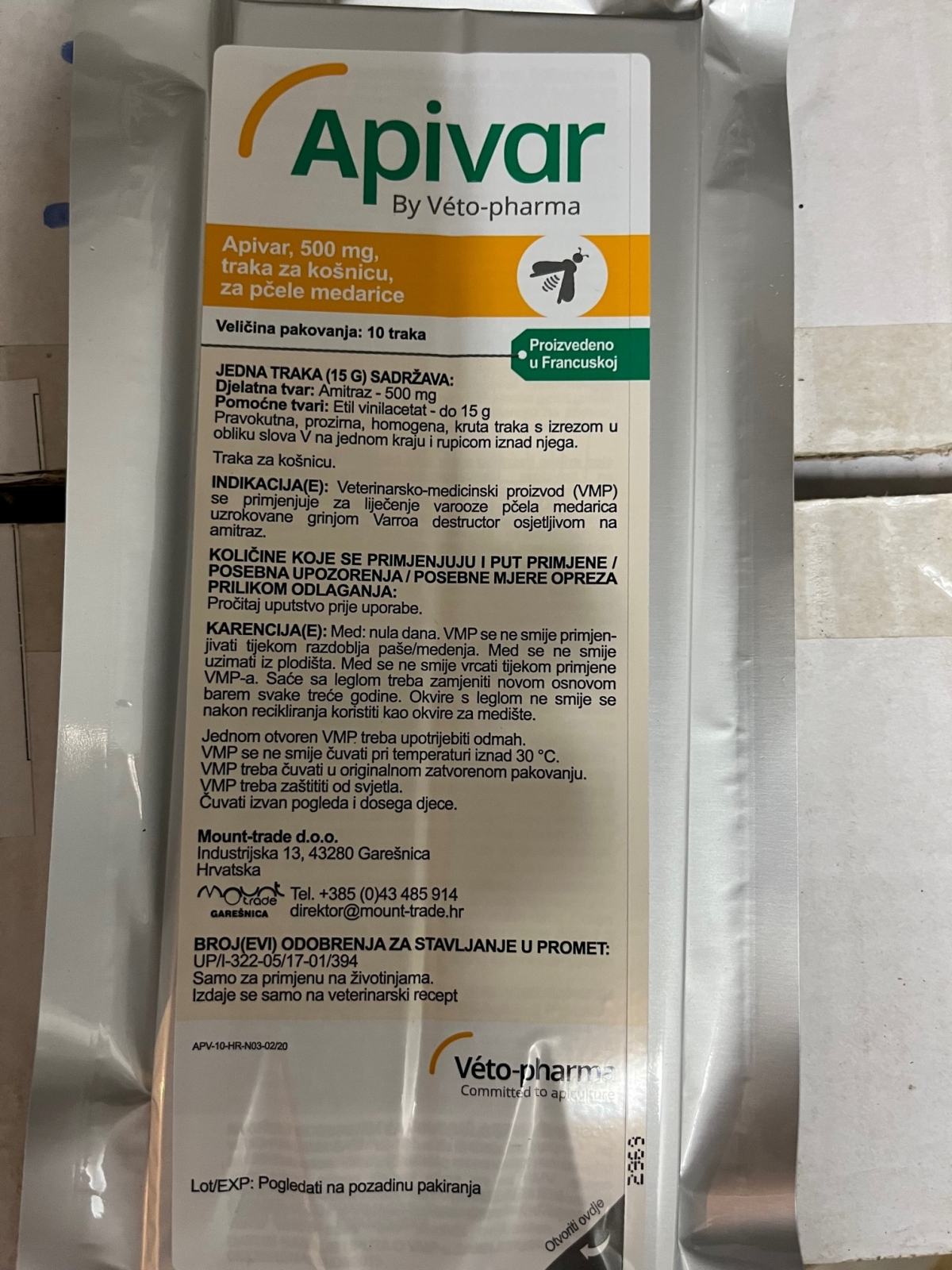 Apivar 500 mg traka za košnicu Pčele medarice Amitraz Varroa Varoa