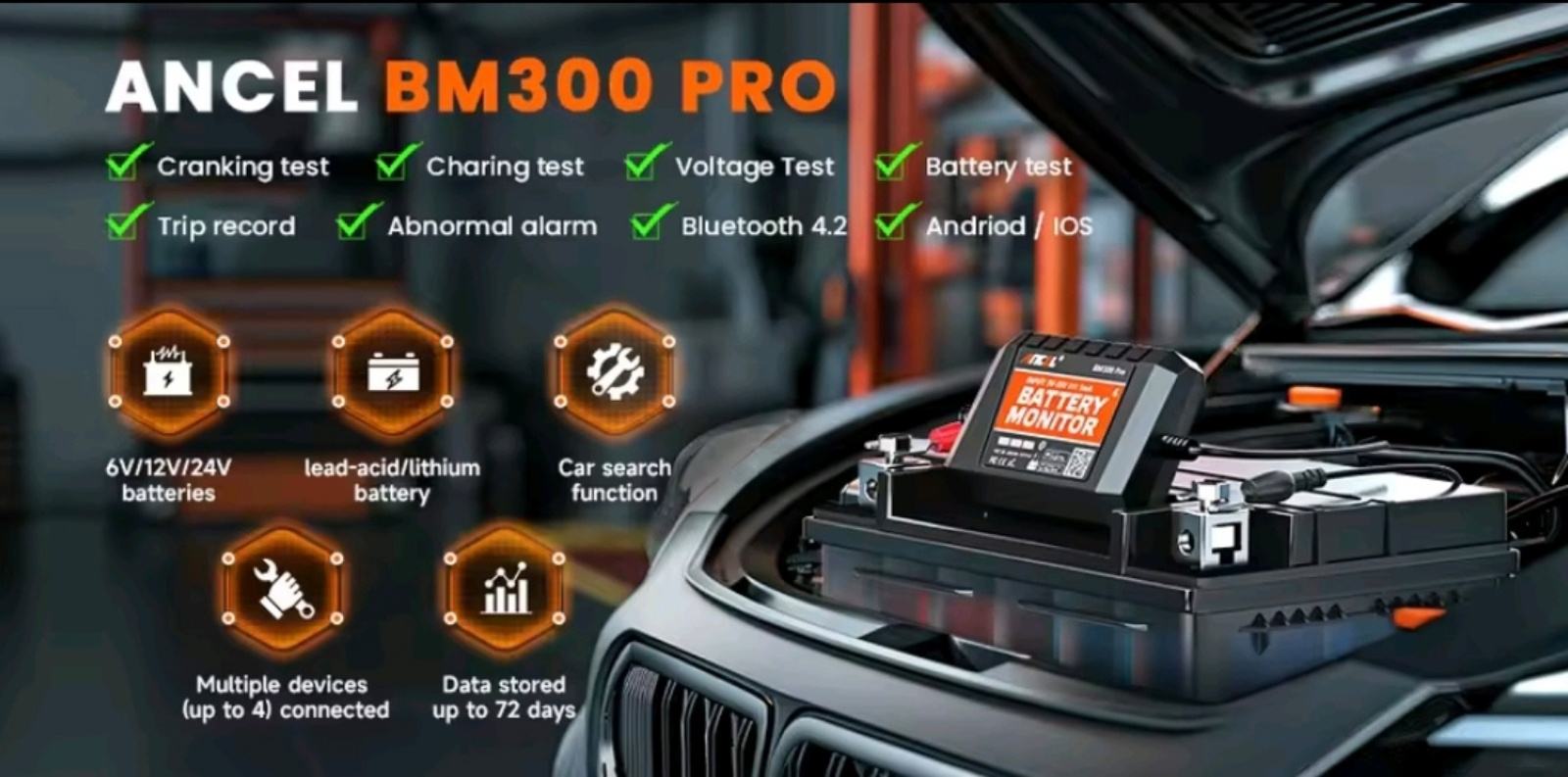 ANCEL BM300 Pro - Pametni monitor akumulatora za vozila (6V/12V/24V)