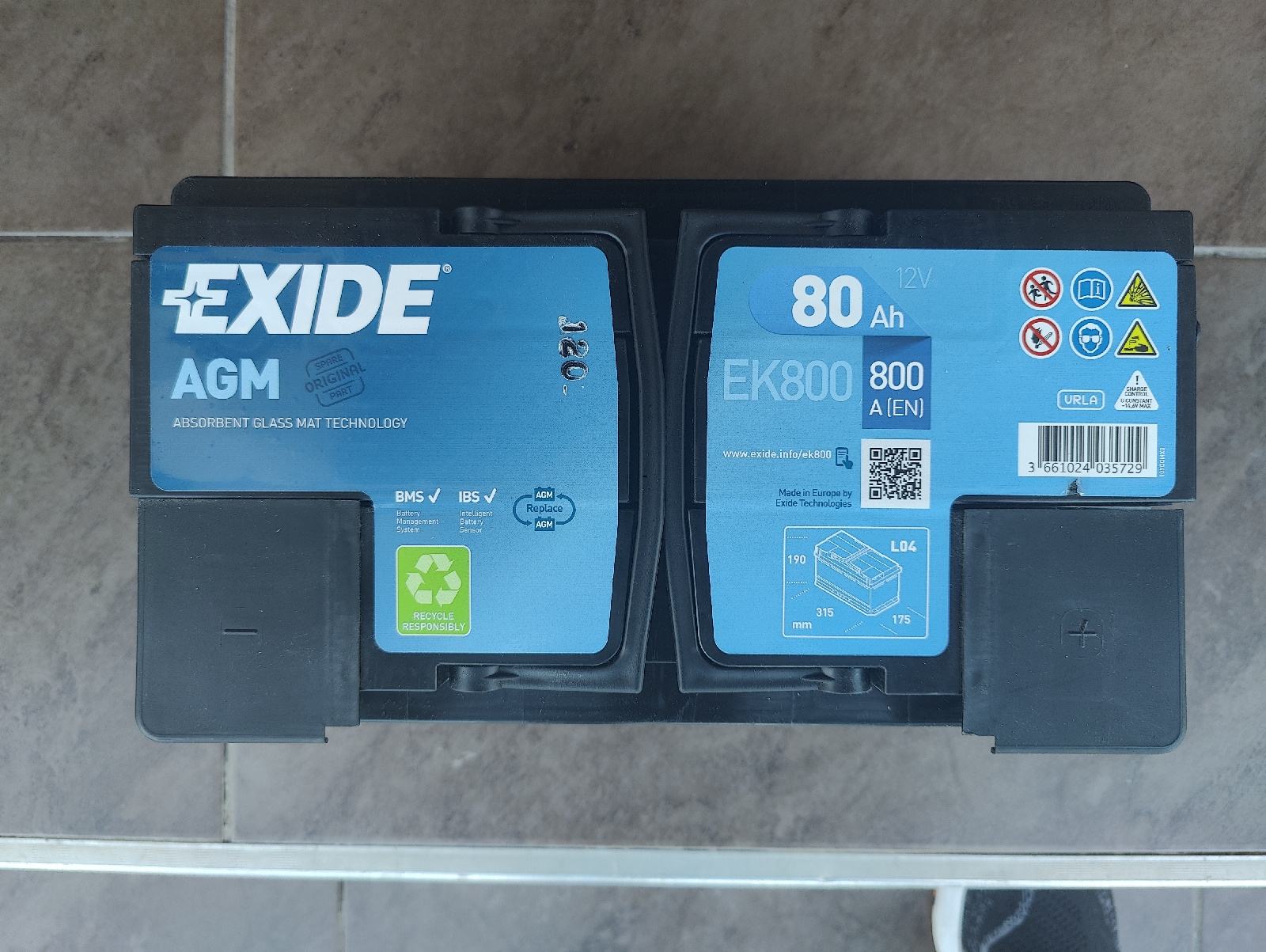 AKUMULATOR EXIDE START/STOP AGM EK800 80AH D+ 315X175X190(800A)