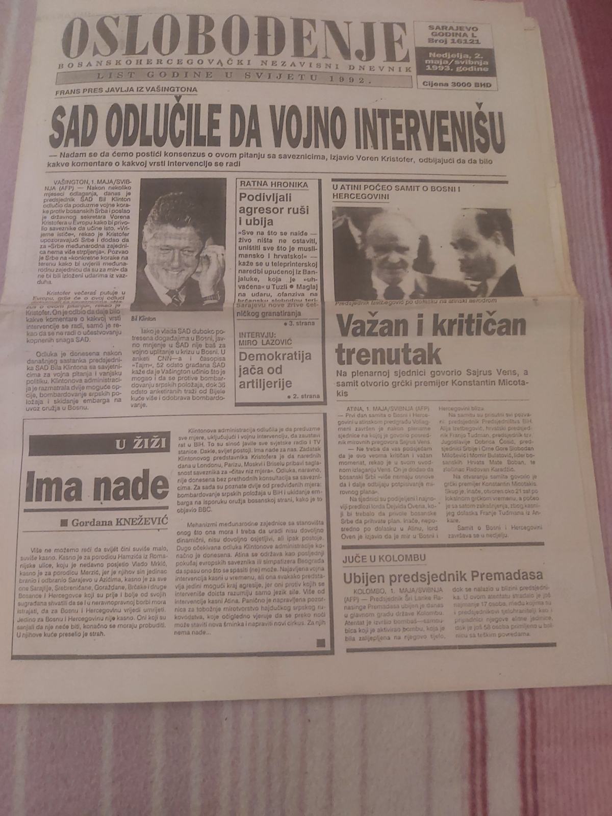 OSLOBODJENJE NOVINE RATNO IZDANJE 2 SVIBANJ 1993 GODINE RIJETKO