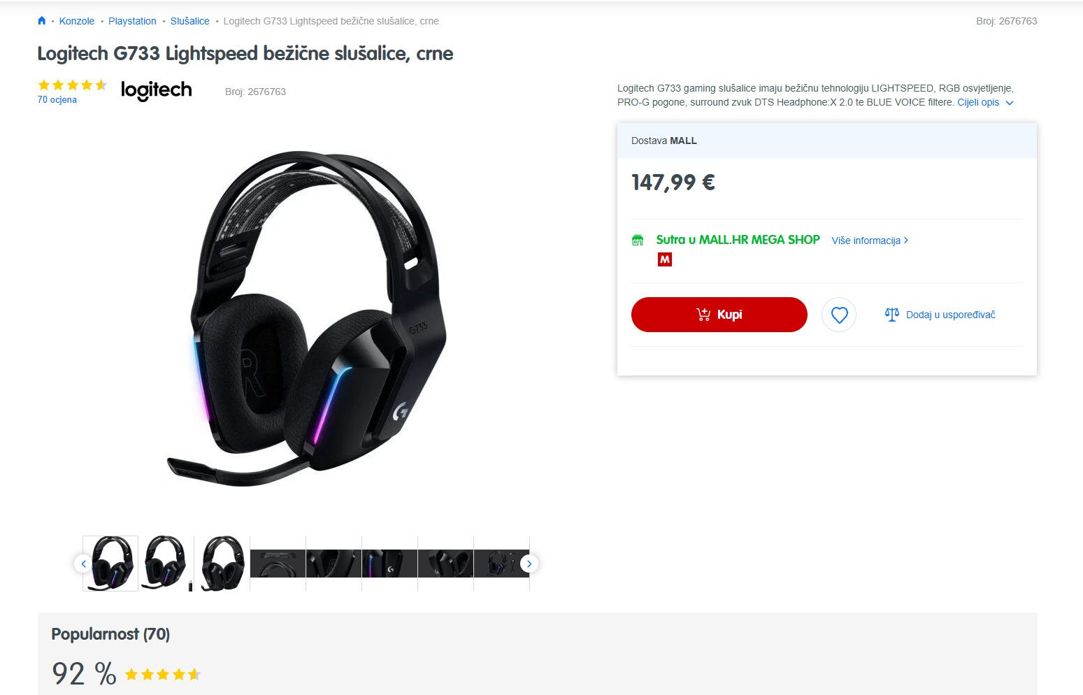 Logitech G733 Lightspeed bežične slušalice, crne