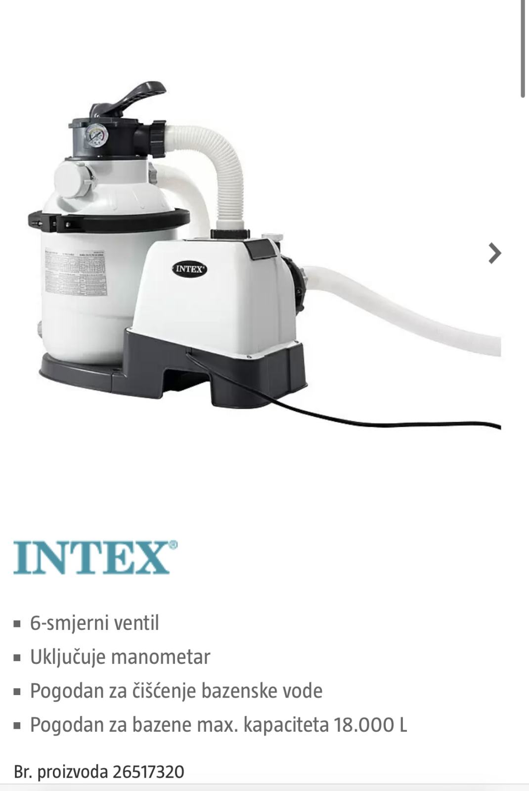 Pumpa za bazen intex max. Kapacitet 18000 l