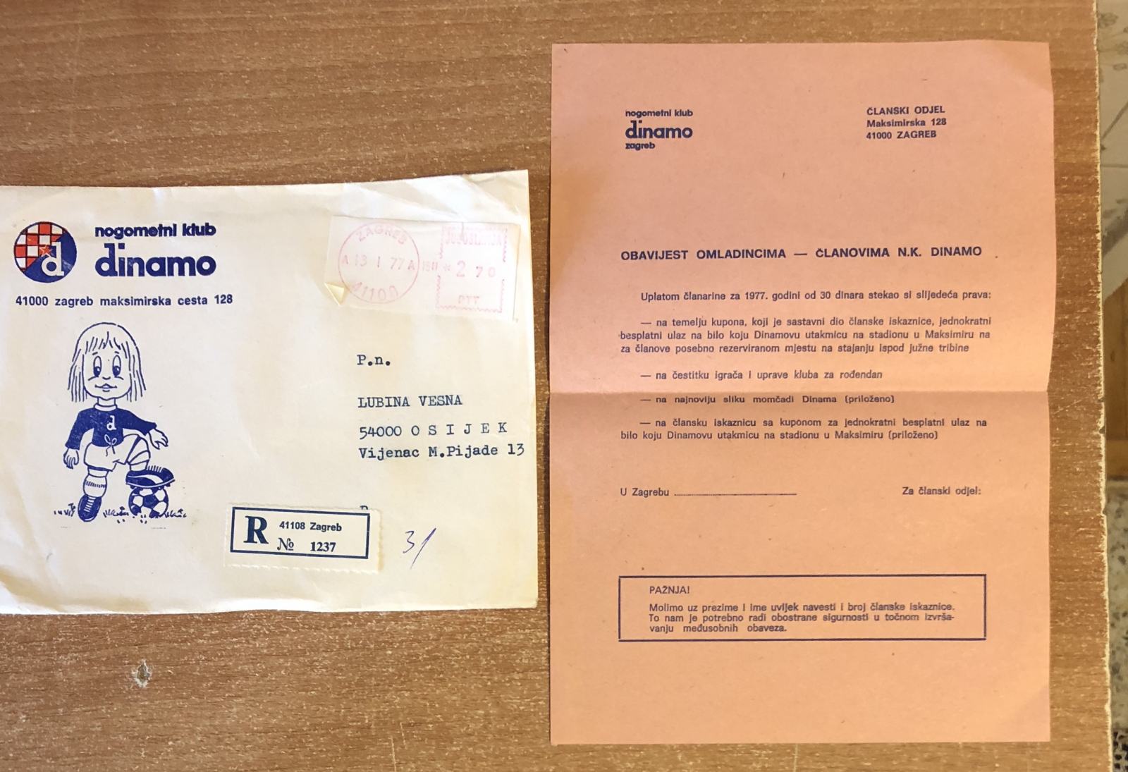 NK DINAMO ZAGREB -STARA KUVERTA I OBRAZAC