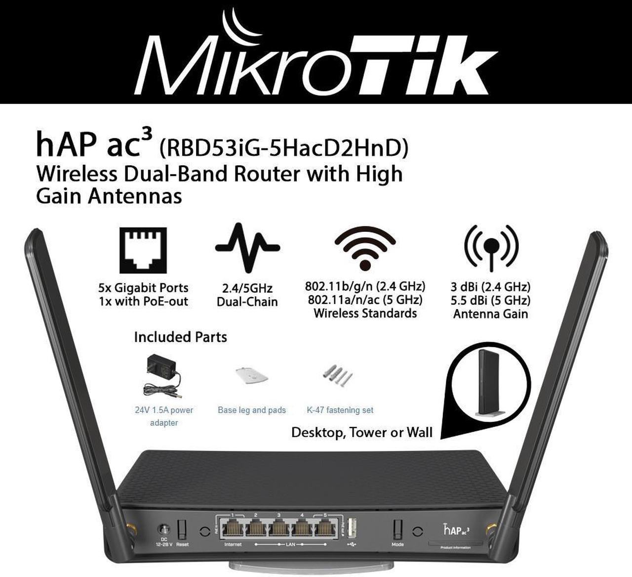 Router/AP Mikrotik HAP AC3 2.4GHz/5GHz, 5x Gigabit Eth, 1x POE port