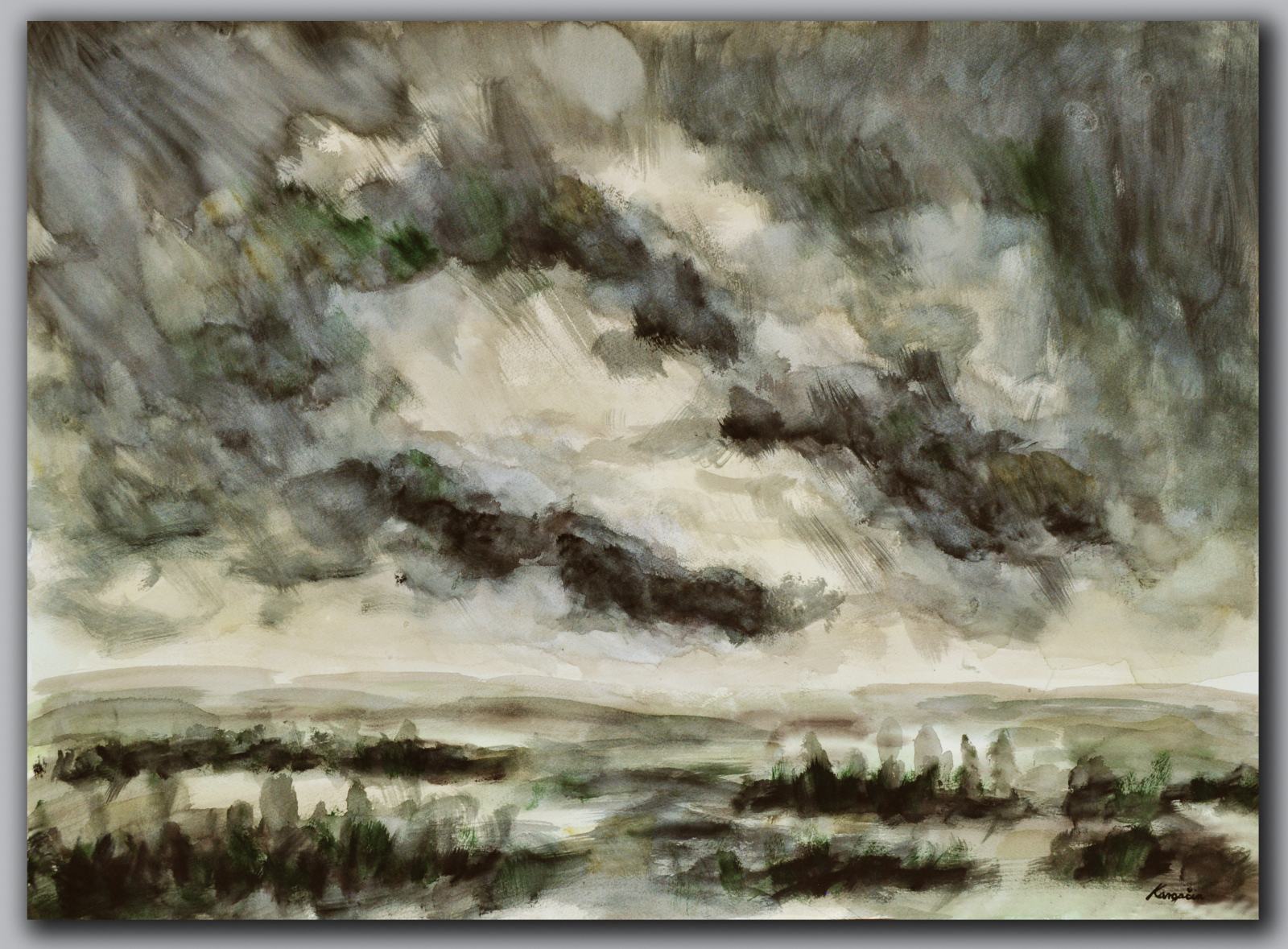 Akvarel, pejzaž, originalna umjetnička slika, slikar, oblaci, nebo