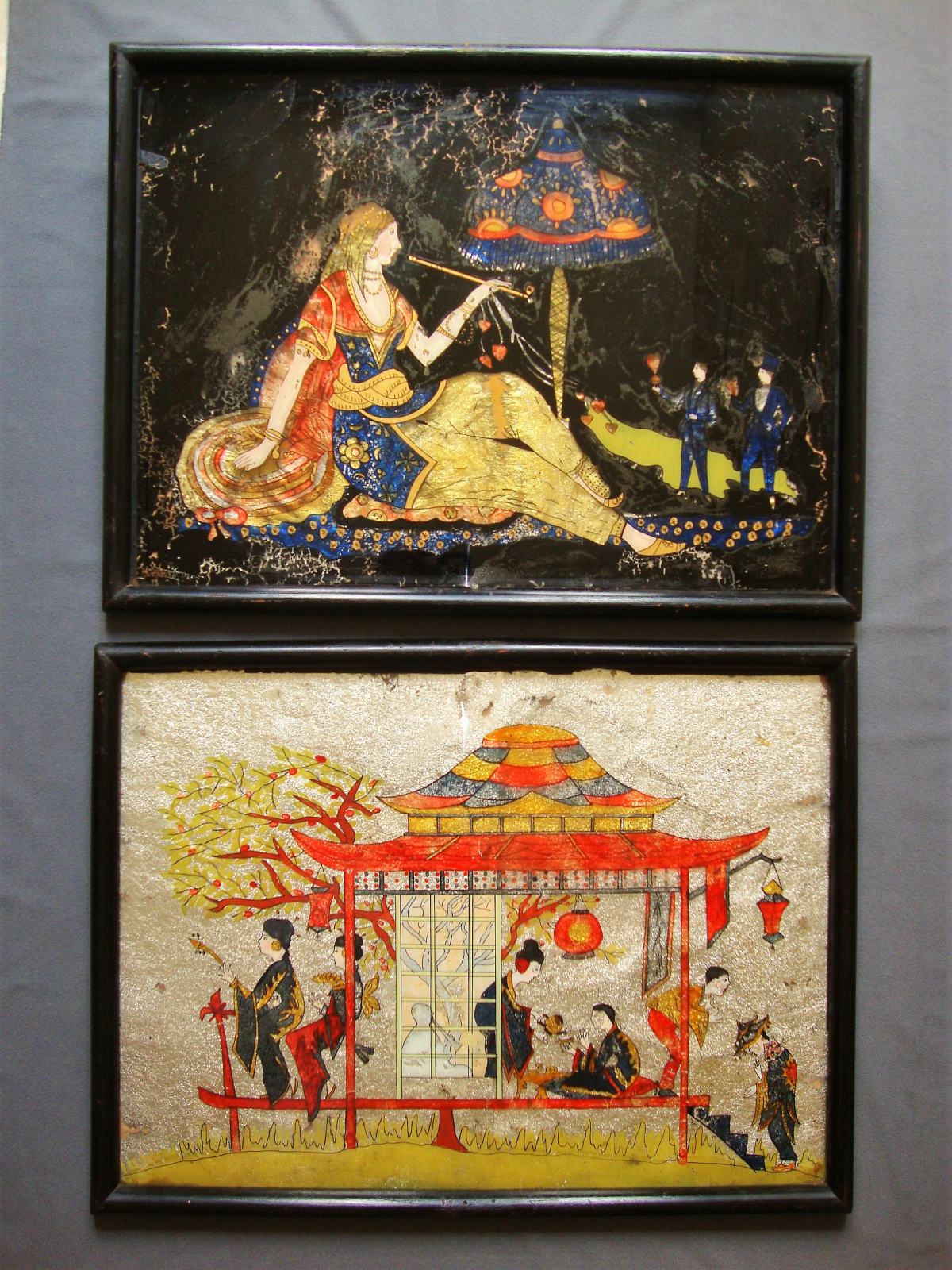 Antique foil tinsel reverse painting on glass pair - Slike na staklu