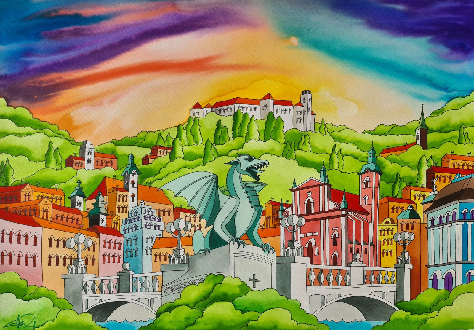 Domenico Gonzi Ljubljana akvarel 70x50cm