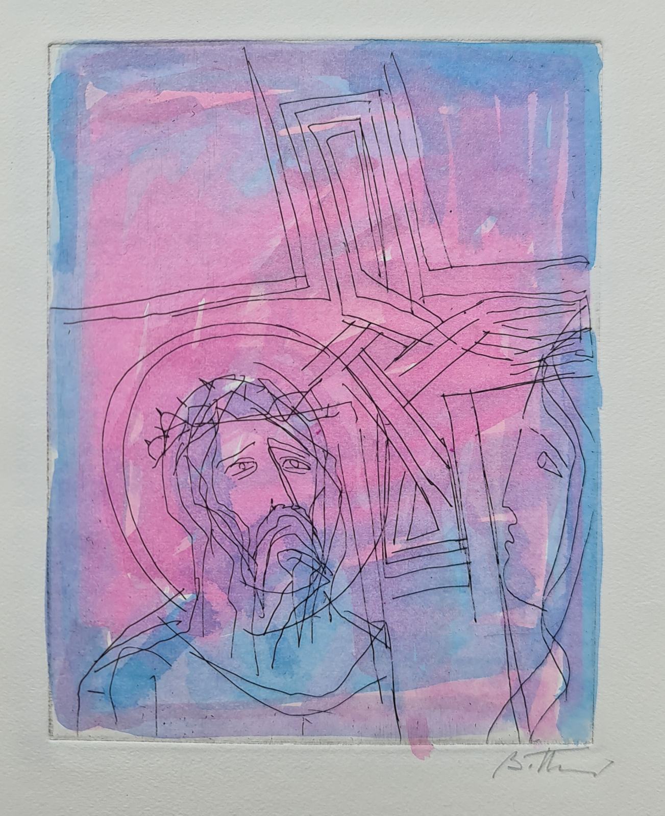 Josip Botteri Dini Isus pod Križem akvarel bakropis 27x20cm;