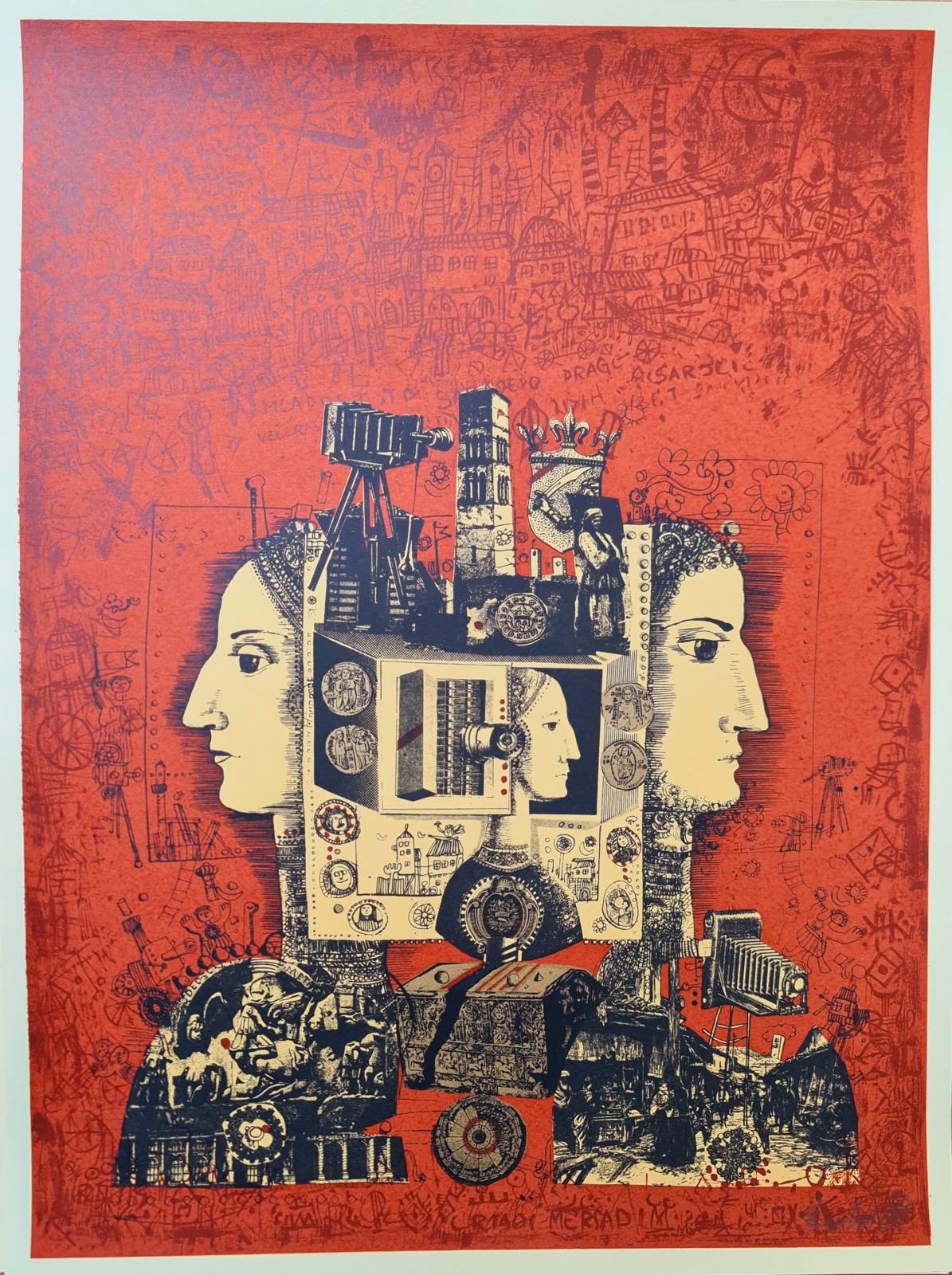 Mersad Berber Profili u crvenom kombinirana tehnika 51x39cm; 1971 go