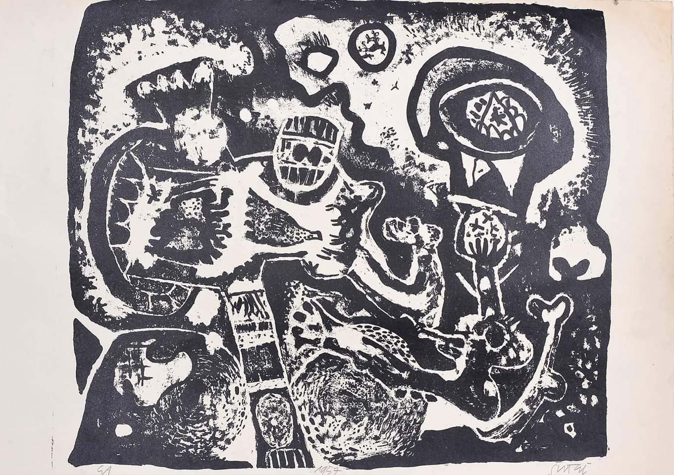 Miroslav Šutej Koncepcija života linorez 50x70cm; iz 1957. g