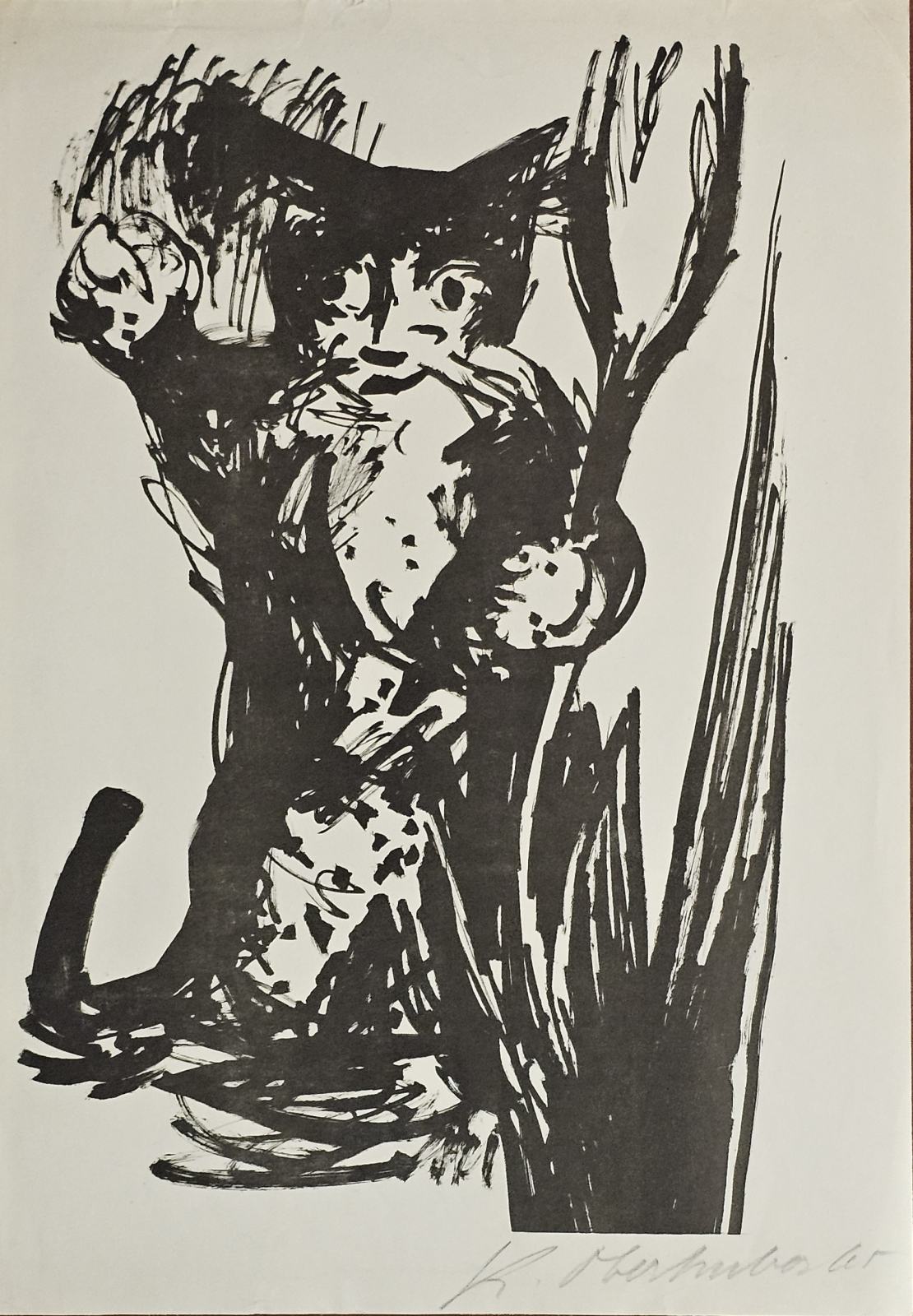 Petrović (1965) – Mačka na stablu - grafika / linorez / drvorez
