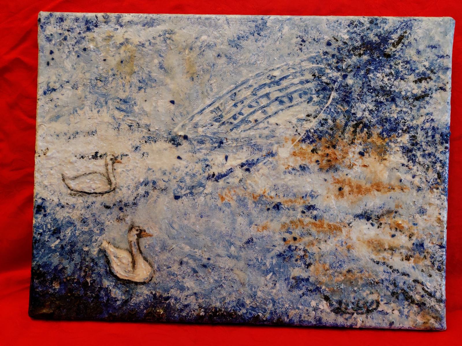 Slika. Dva Labuda.Reljef - akril. Blind na slikarskom platnu. Mob