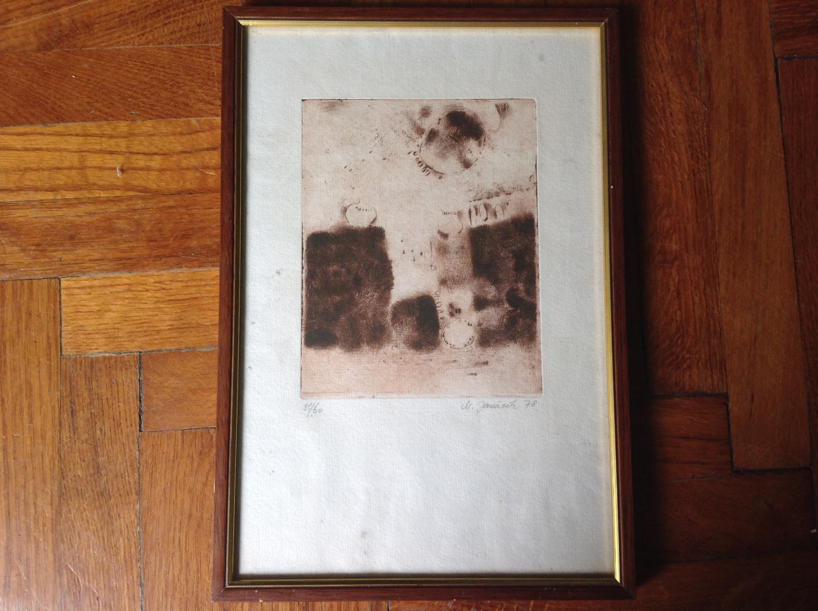 Starinska slika, apstrakcija, grafika, suha igla, potpisana