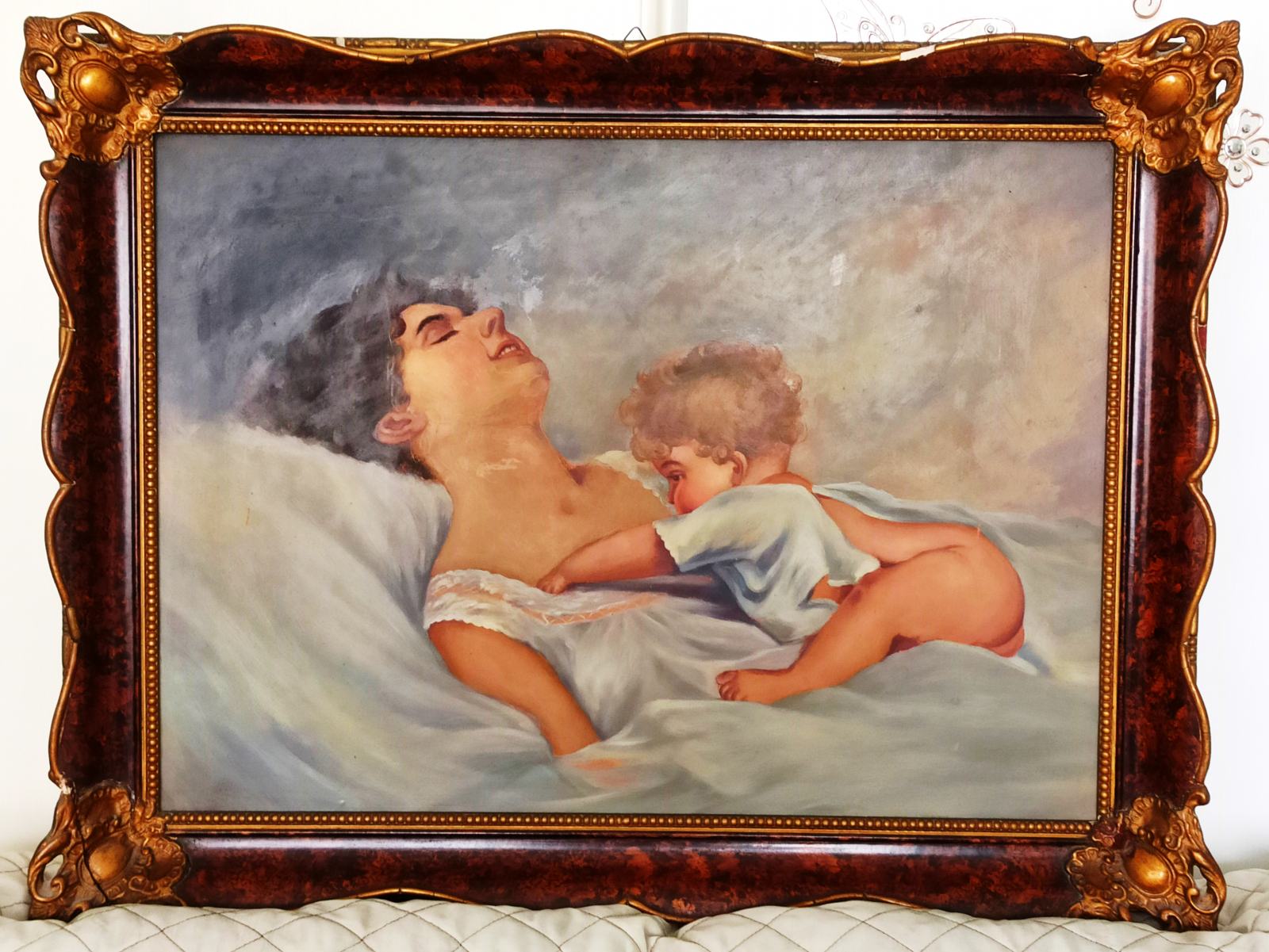Starinska umjetnička slika ulje na platnu Majka i dijete