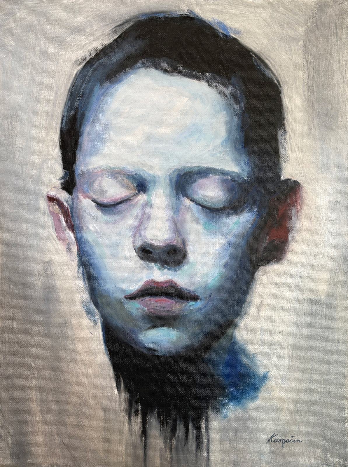 Ulje na platnu, plavo lice dječaka, portret, nadrealizam, umjetnost