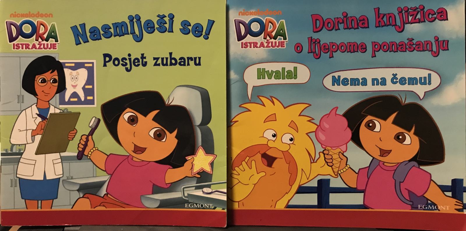Dora Istražuje - 2x knjige: lijepo ponašanje + posjet zubaru | očuvano