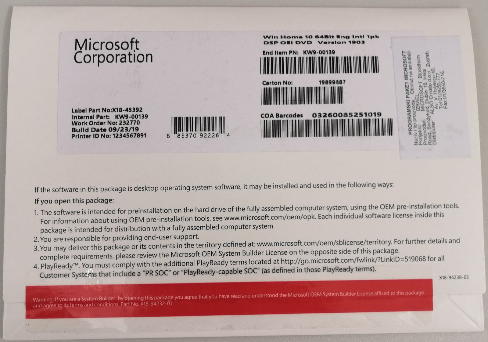 Windows 10 Home DVD Eng / COA Naljepnica