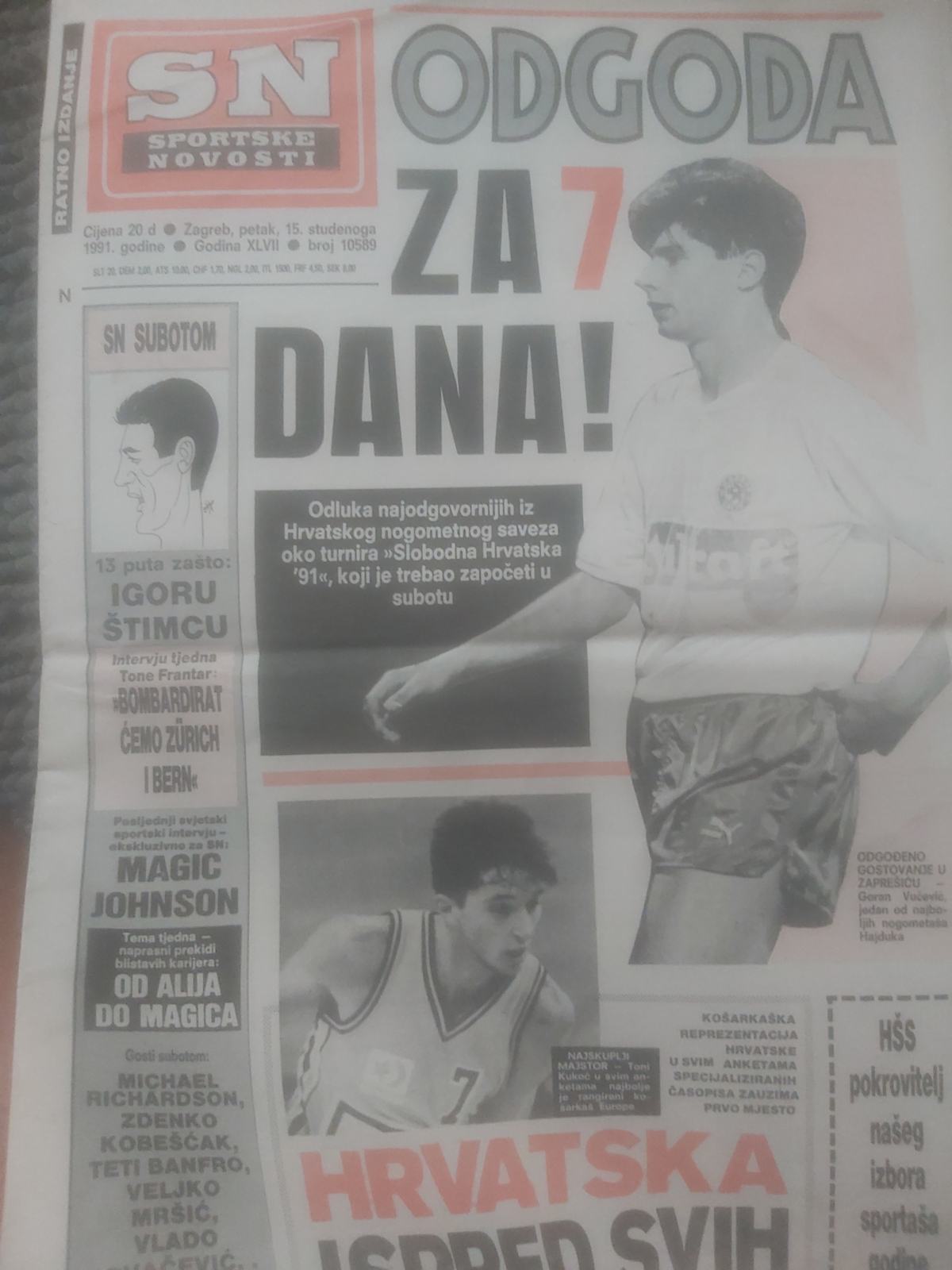 SPORTSKE NOVOSTI 1991 GODINA KOŠARKAŠKA REPREZENTACIJA HRVATSKE RIJE