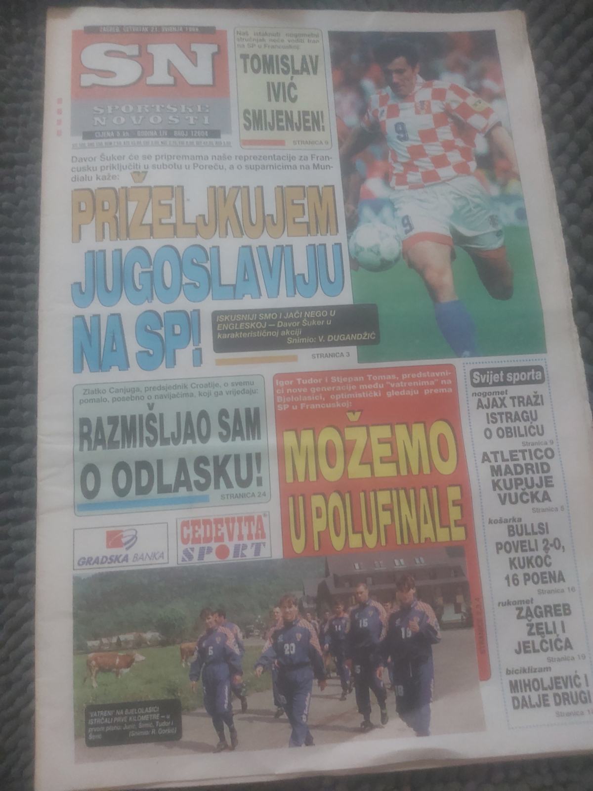 SPORTSKE NOVOSTI 1998 GODINA DAVOR ŠUKER IVICA ŠURJAK IGOR TUDOR