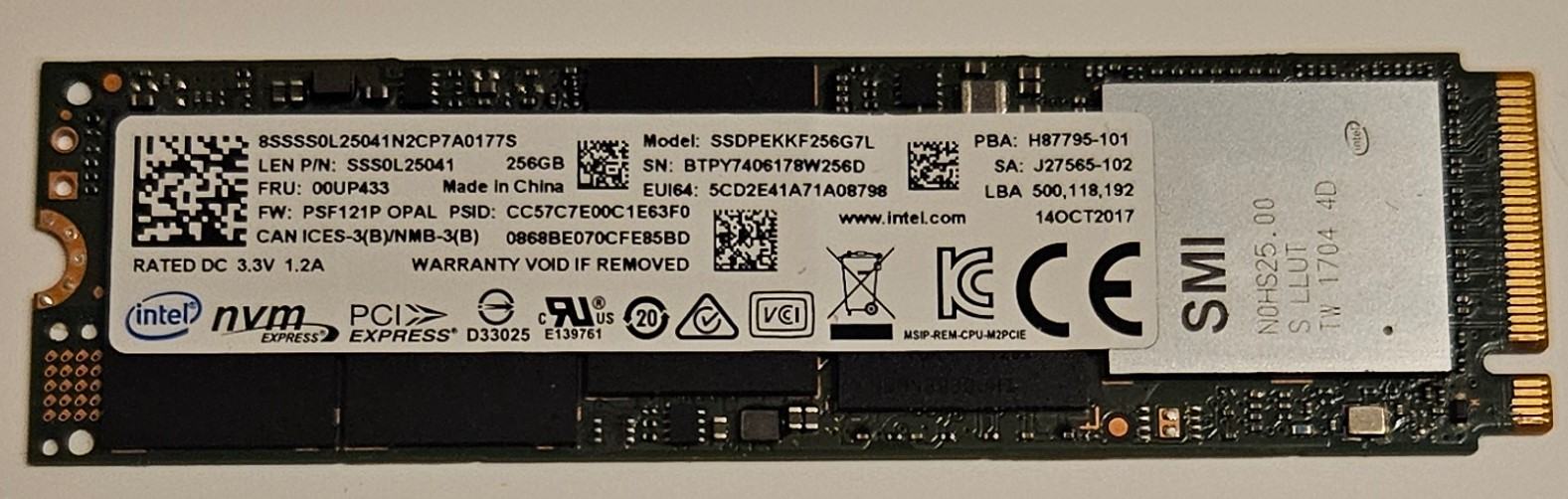 Intel 256GB PCIe-NVMe SSD, 2280 M.2, SSDPEKKF256G7L 00UP433