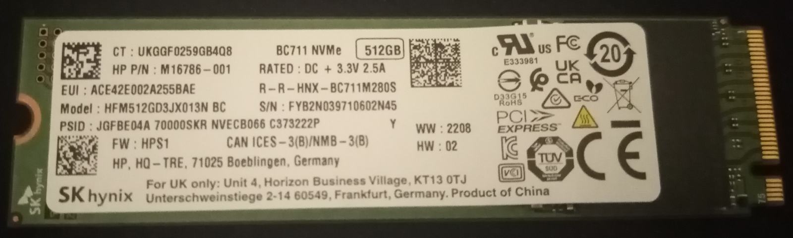 SSD SK Hynix 512GB M.2 2280 NVMe BC711 P/N: HFM512GD3JX013N