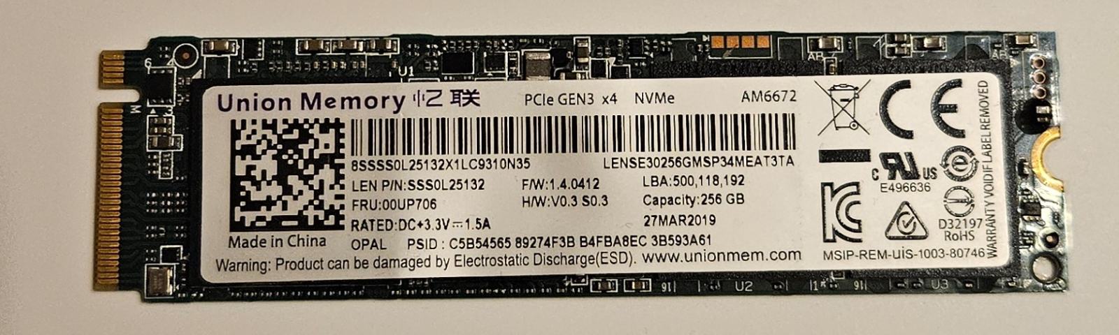 Union Memory SSD 256GB NVMe M.2 LENSE30256GMSP34MEAT3TA
