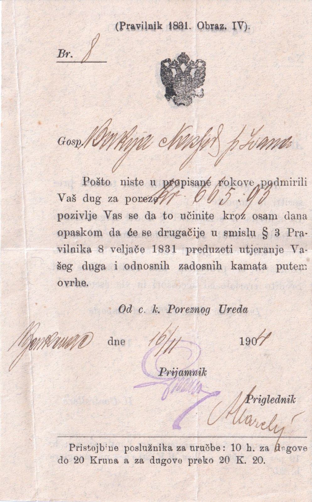 BENKOVAC 1904 - OVRHA POREZNOG UREDA
