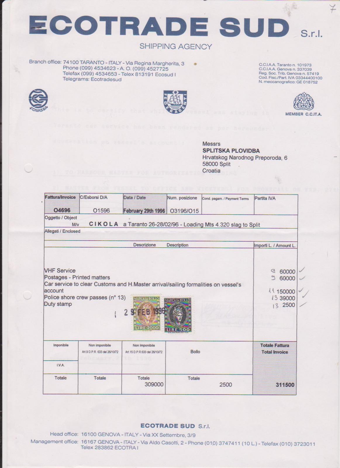 Dokument 07 izdan u Taranto 1996