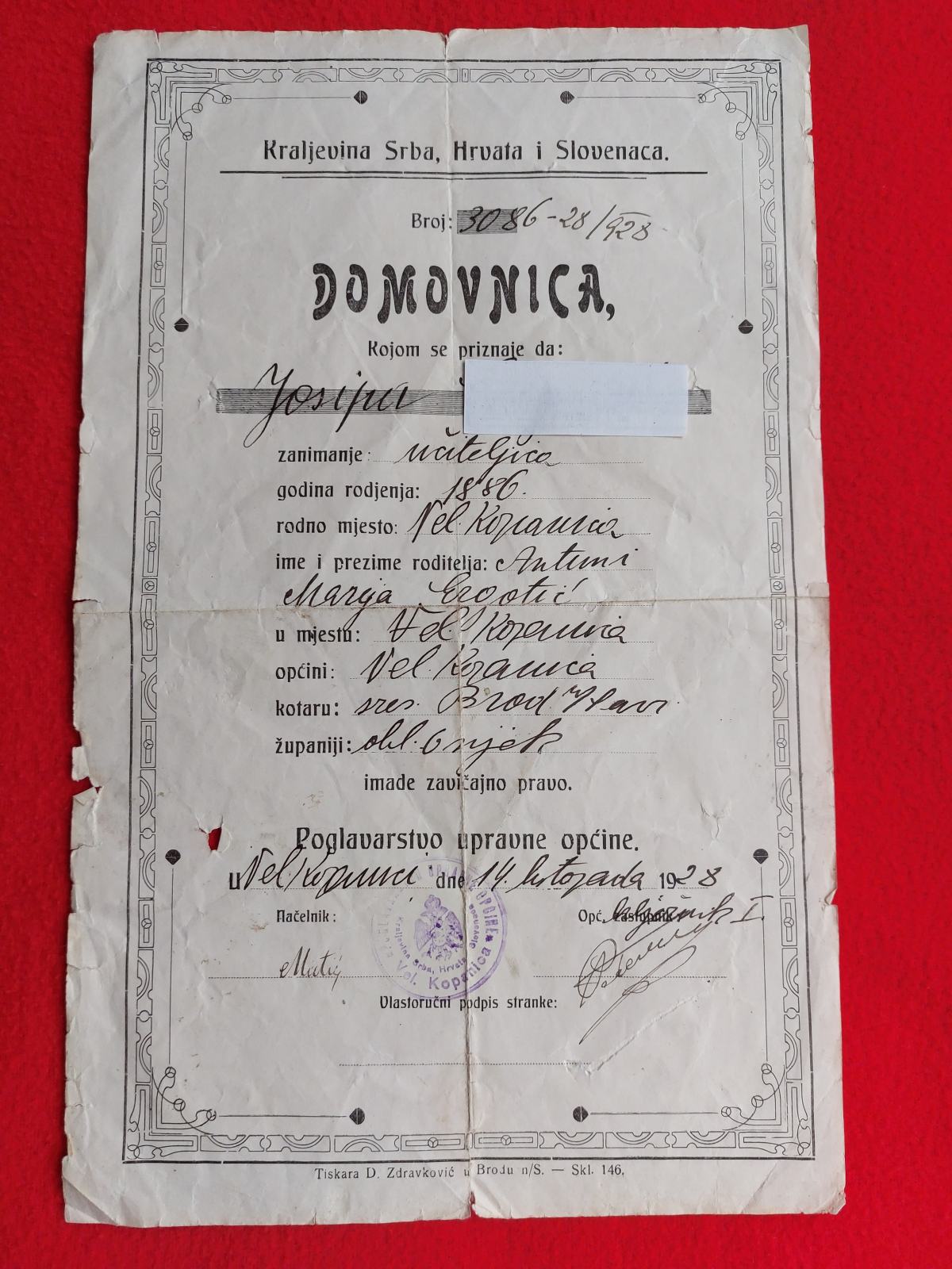 DOMOVNICA iz 1928 god.