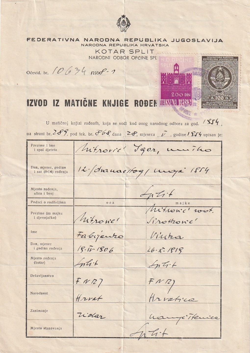 ENRJ Izvod iz matičme knjige rođenih-Split 1954 g