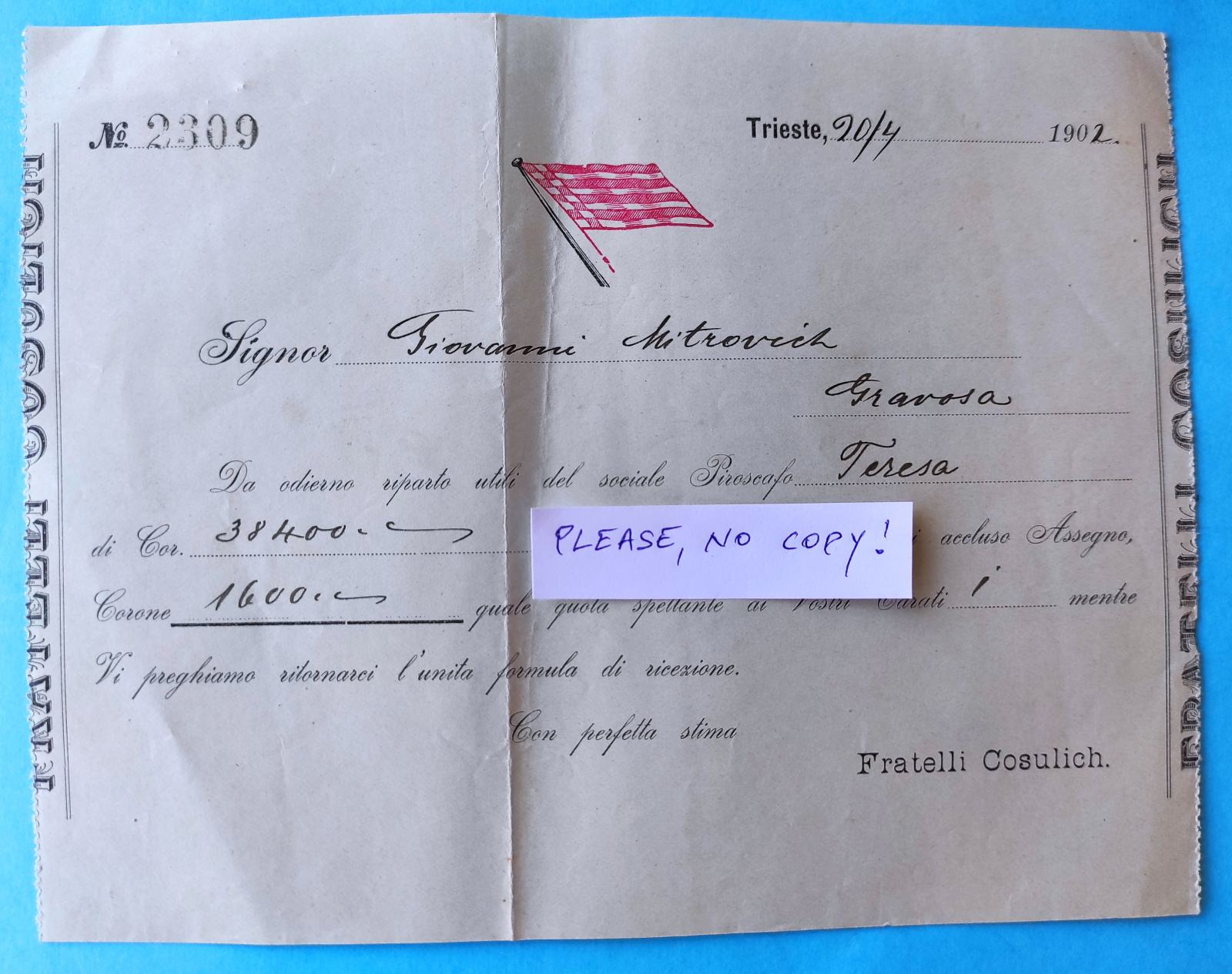 FRATELLI COSULICH TRIESTE (KOZULIĆ - MALI LOŠINJ) brodski dok. iz 1902