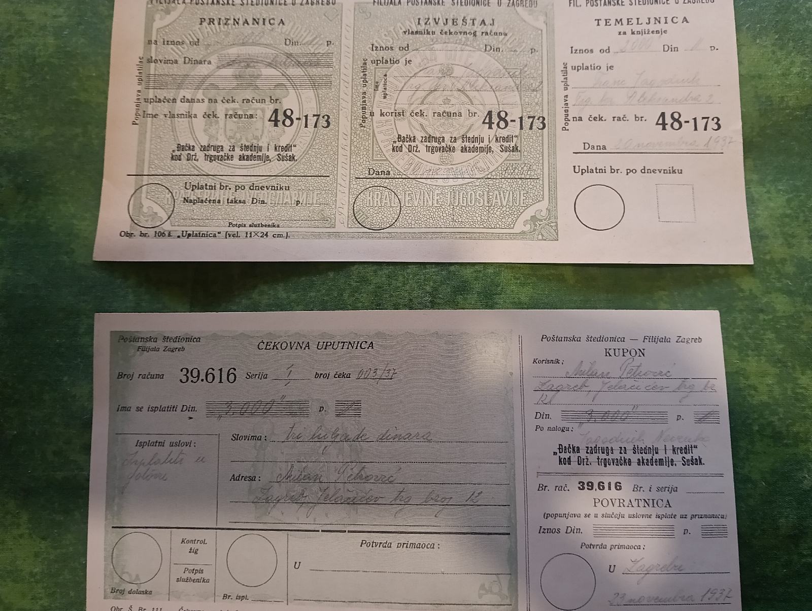 Kraljevina Jugoslavija, čekovna uputnica i uplatnica