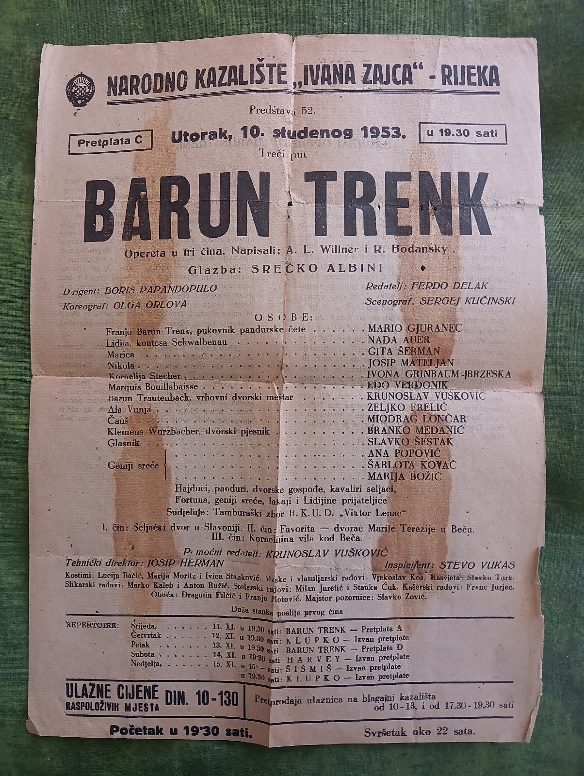 Mini plakat, kazalište Ivan Zajc, barun Trenk 1953g