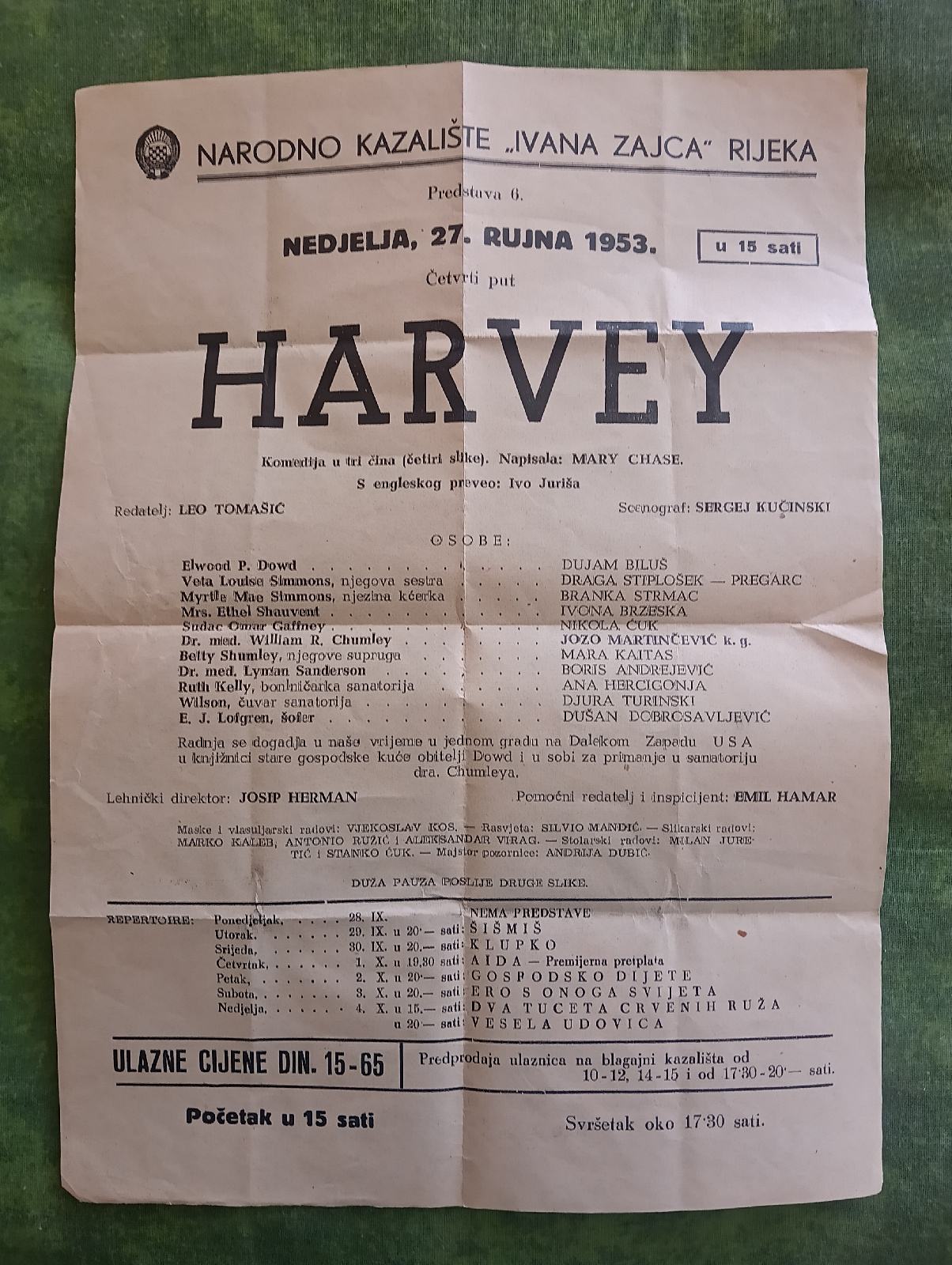 Mini plakat, kazalište Ivan Zajc, predstava Harvey 1953g