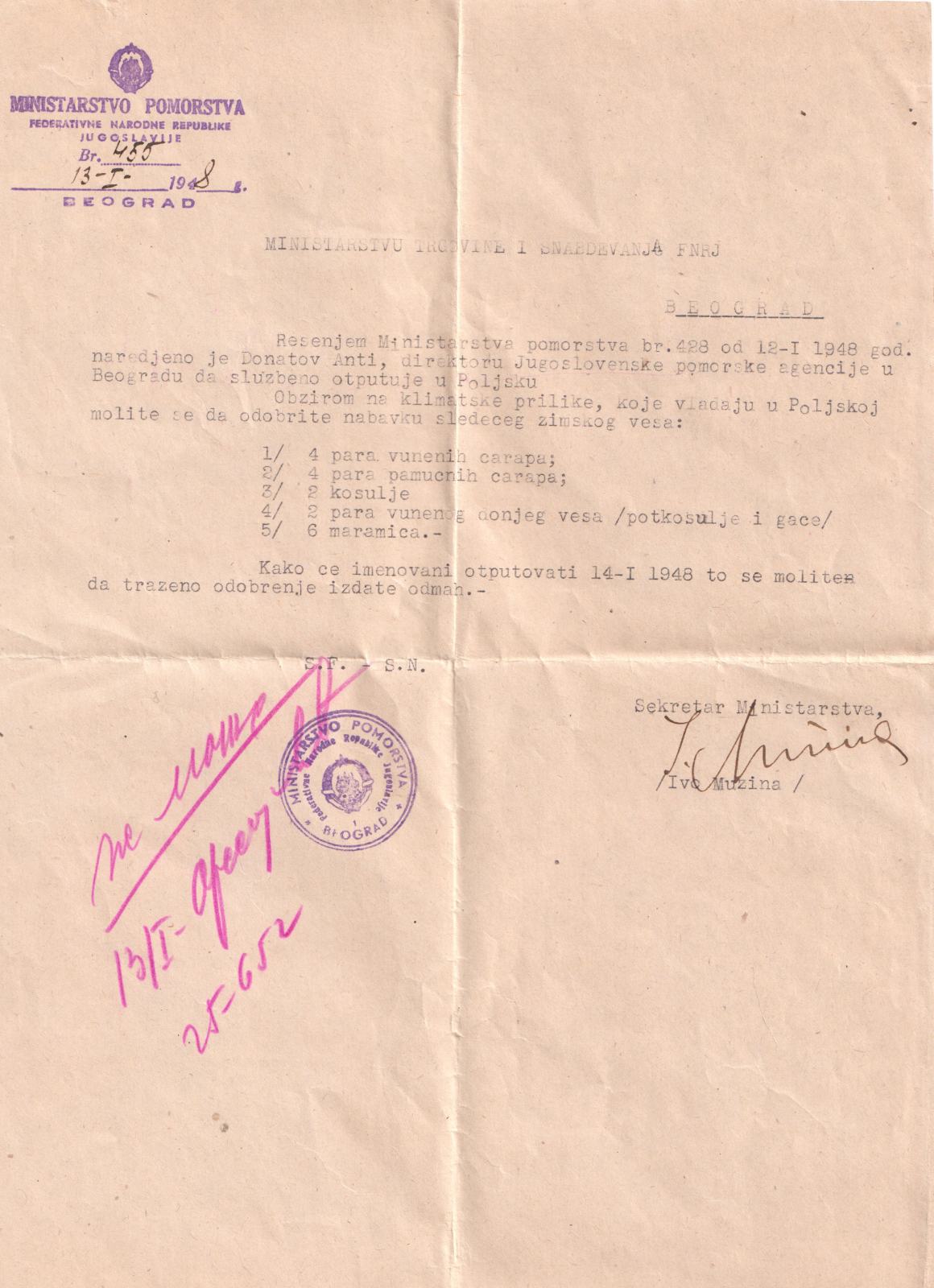 MINISTARSTVO POMORSTVA FNRJ 1948