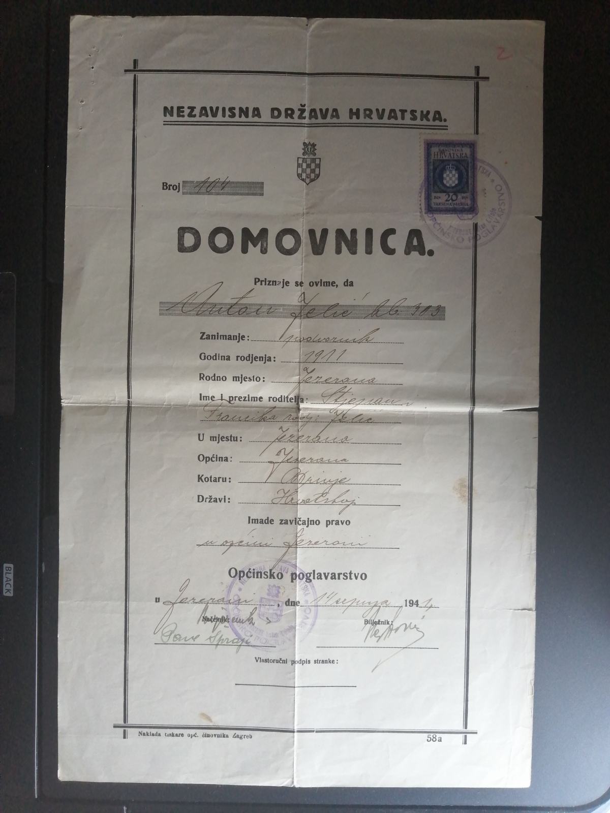 N.D.H. 1941 domovnica Jezerane kotar Brinje Senj