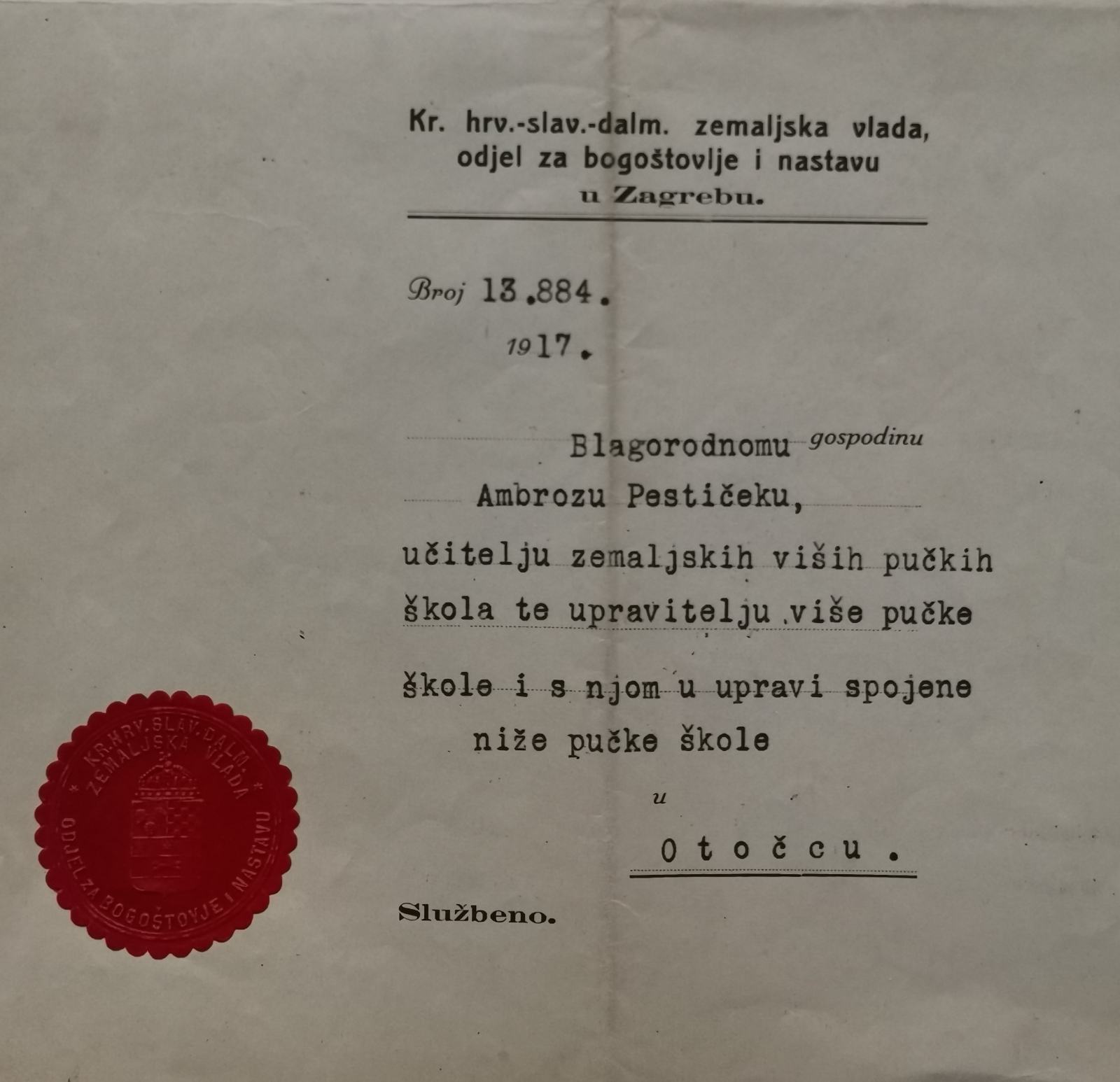 ORIGINAL DOKUMENT KR.HRV.-DALM. ZEMALJSKA VLADA iz 1917 godine